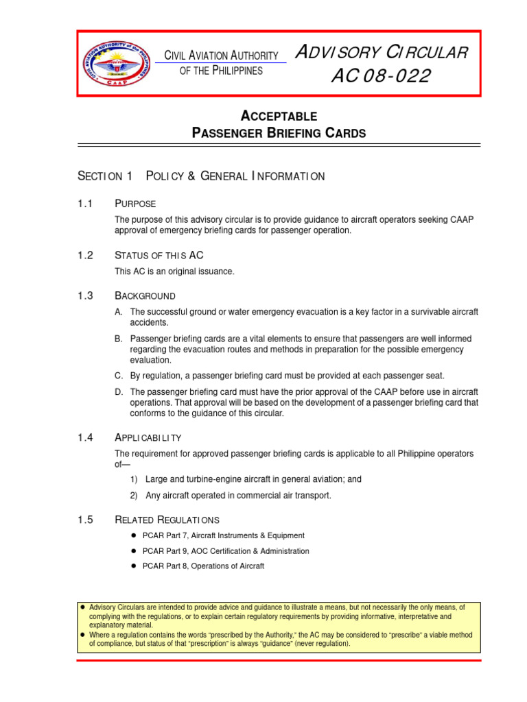 AC 08 022 Acceptable Passenger Briefing Cards | PDF | Seat Belt | Aviation