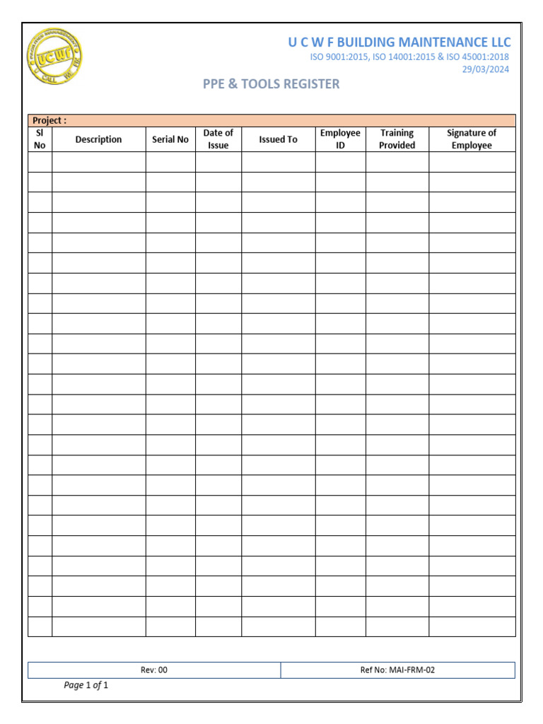 MAI-FRM-2 PPE & Tools Register | PDF | Business | Technology & Engineering