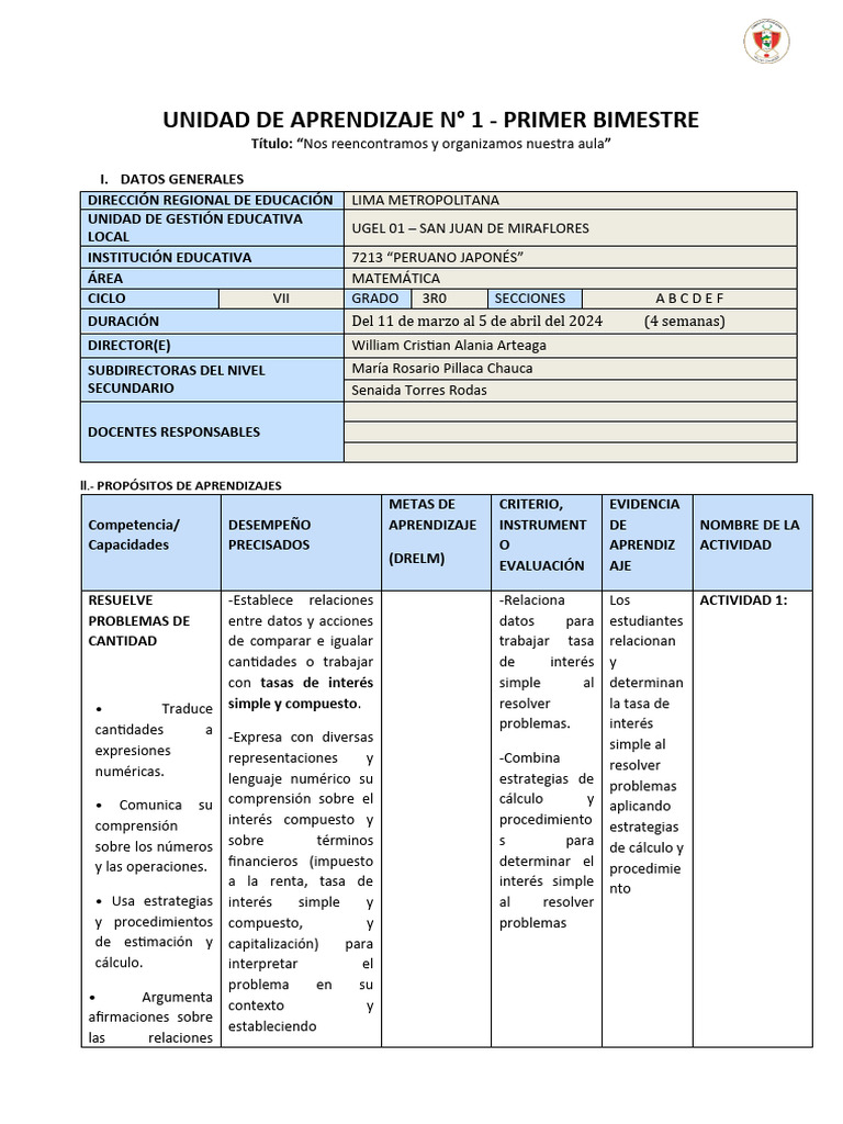 Esquema Unidad de Aprendizaje 2024 | PDF | Aprendizaje | Enseñando