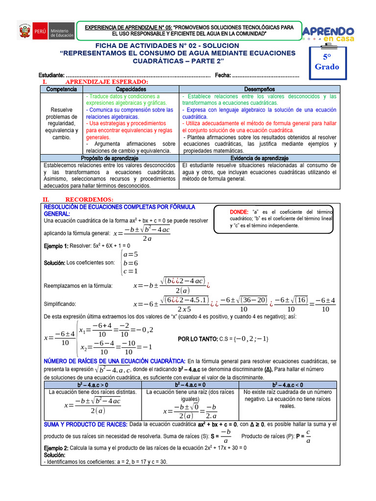 8 Solución Ficha 2 - 5to - Exp 5 | PDF | Ecuaciones | Ecuación cuadrática