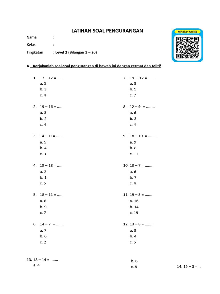 Soal Latihan Pengurangan Level 2 | PDF | Teaching Methods & Materials