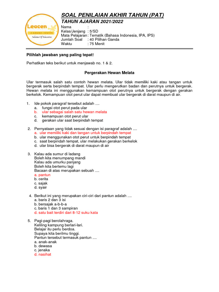 Soal Dan Pembahasan Pat Tematik 5 SD | PDF