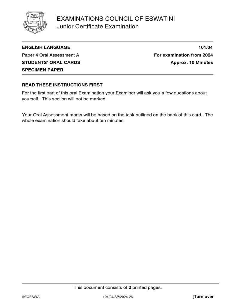 JC English Oral Assessment Specimen 2024 | PDF | Career & Growth