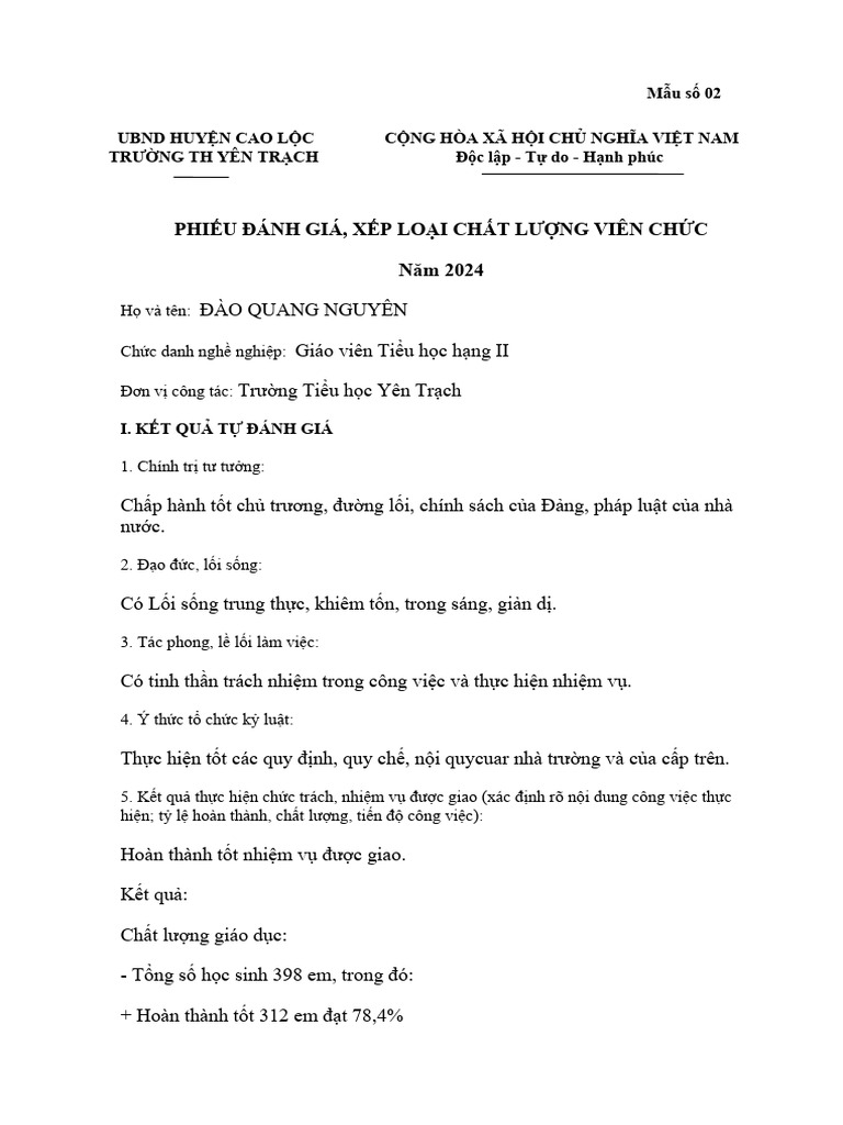 Đào Quang Nguyên Mau 02 (ca nhan khong giu chuc vu lanh dao quan ly) | PDF