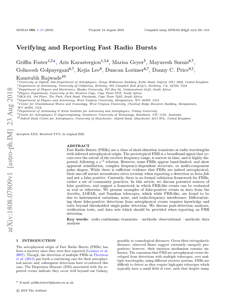 Verifying and Reporting Fast Radio Bursts (Foster Et Al, 2018 ...