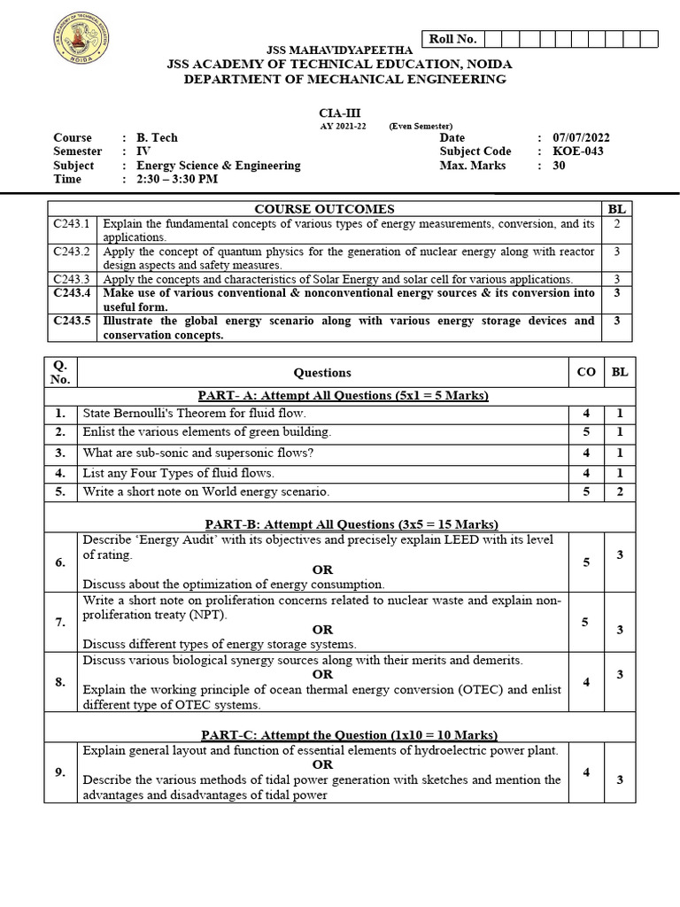 Energy Science & Engineering - CIA-3 (Moderated) | PDF | Nuclear ...