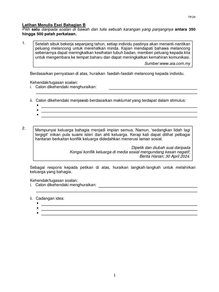 LATIHAN MENULIS ESEI BAHAGIAN B T5 M11 & ANALISIS TAJUK ESEI BAHAGIAN B (M8) - EDARAN MURID | PDF