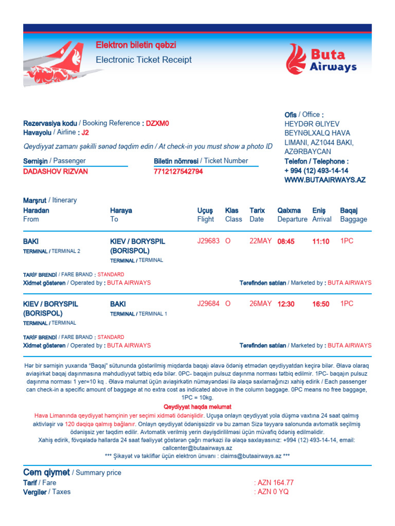 Elektron Biletin Qəbzi: Electronic Ticket Receipt | PDF