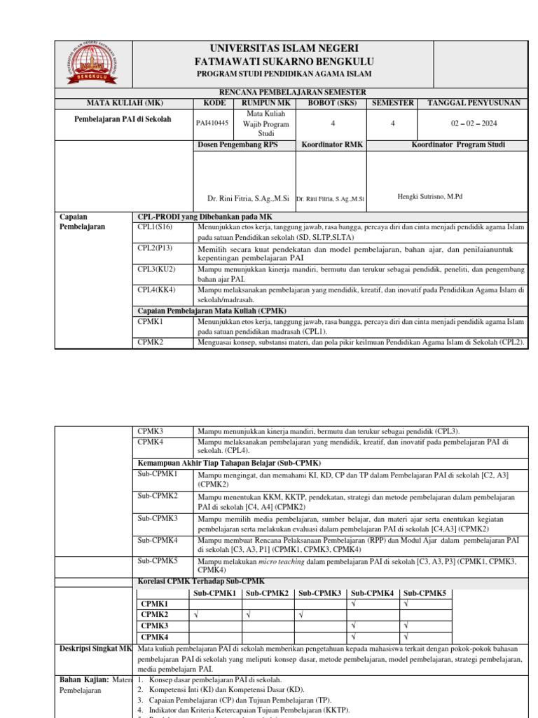 RPS-PEMBELAJARAN-PAI-DI-SEKOLAH genap 2024 | PDF