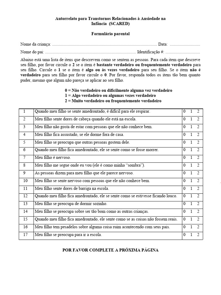 Escala SCARED Versão Pais | PDF | Ansiedade