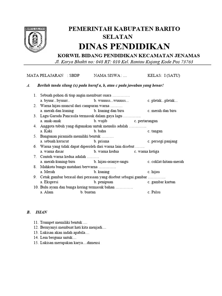 Soal PTS SBDP Kelas 1 SD K13 2020 | PDF