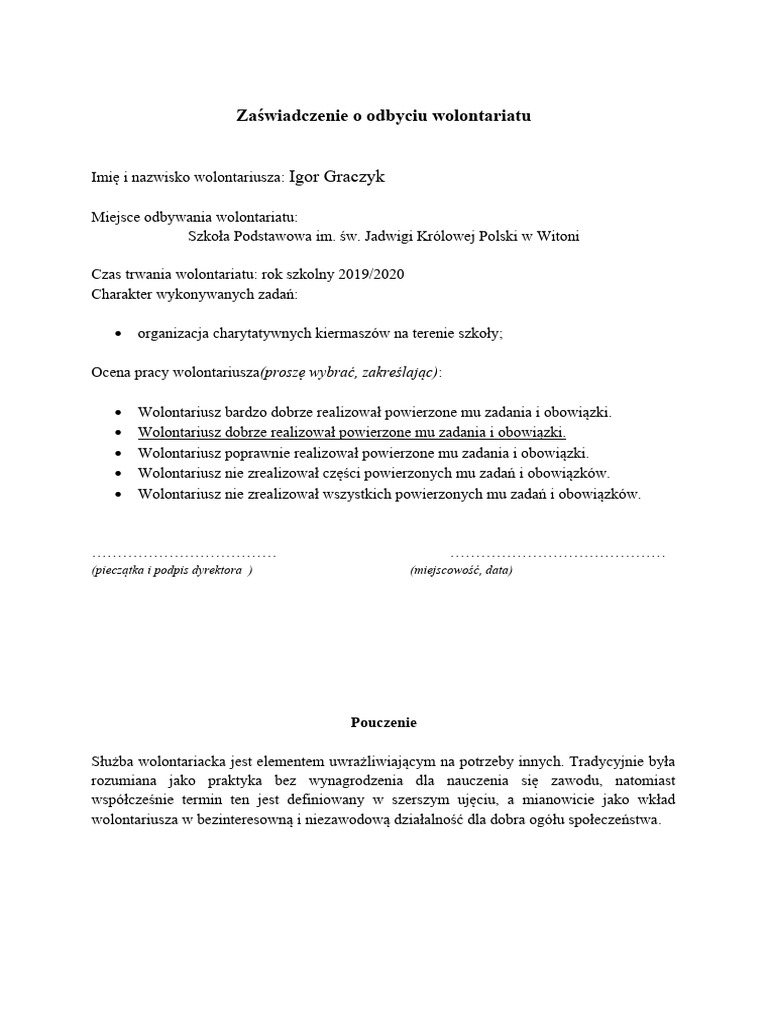 Zaświadczenie o Odbyciu Wolontariatu 2021 | PDF