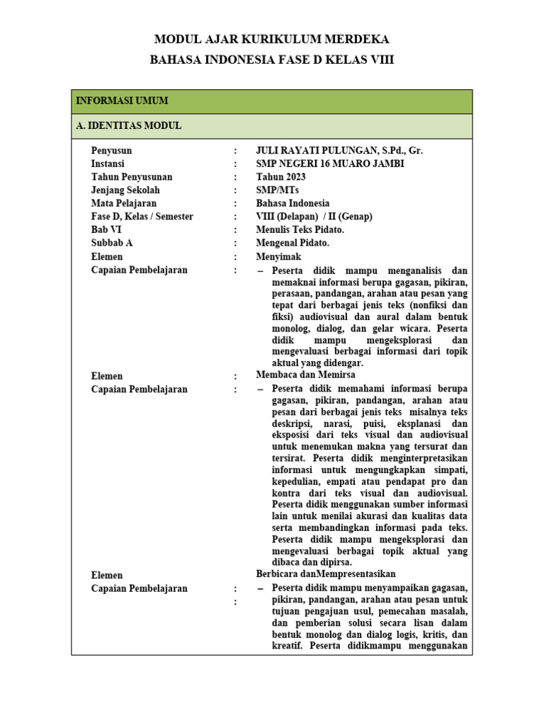 Modul Ajar Teks Pidato Kelas Viii Observasi | PDF