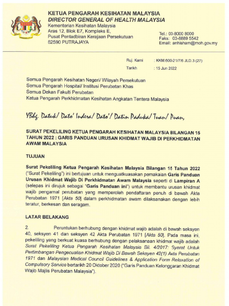 SURAT PEKELILING KETUA PENGARAH KESIHATAN BILANGAN 15 TAHUN 2022 GARIS ...