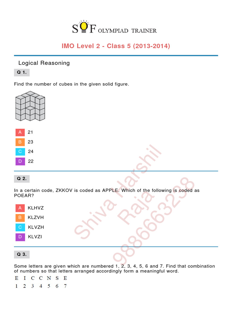 IMO Level 2 - Class 5 (2013-2014) | PDF | Mathematics