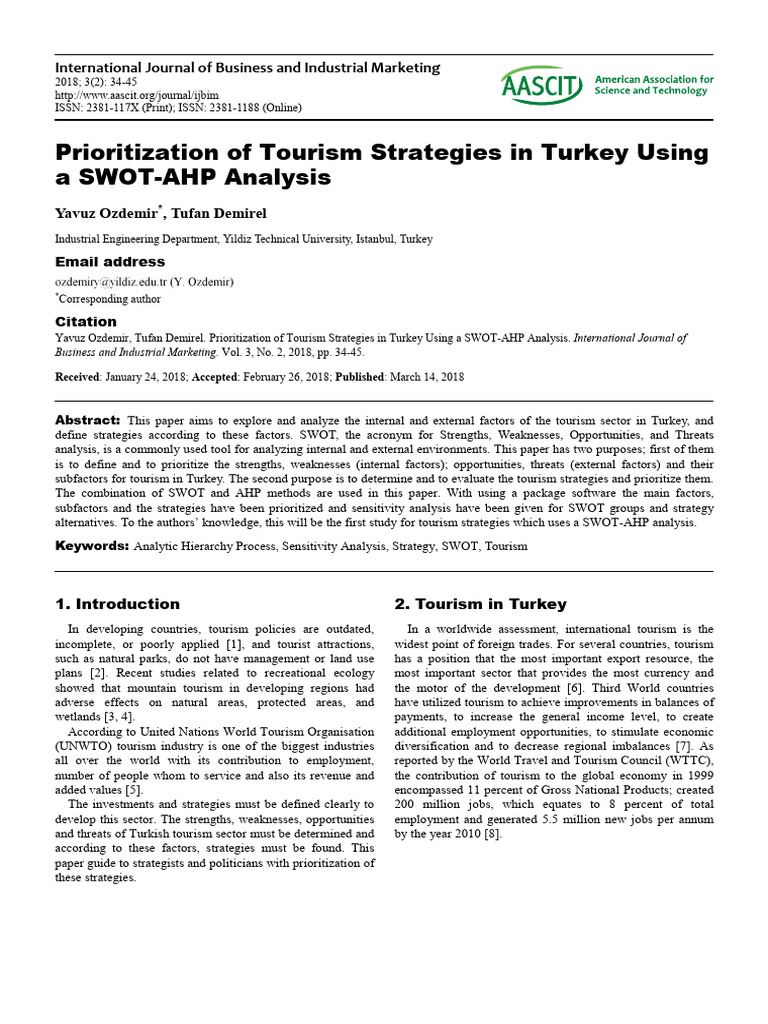 Prioritization of Tourism Strategies in Turkey Using SWOT-AHP Analysis | PDF | Swot Analysis ...