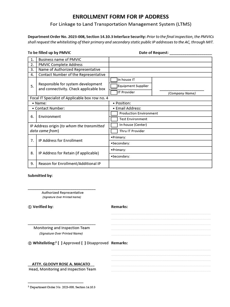 ENROLLMENT FORM FOR IP ADDRESS PMVIC v2 - 2 | PDF | Computer Networking ...