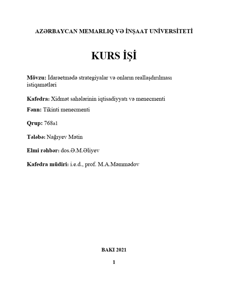 İdarəetmədə Strategiyalar VƏ Onların Reallaşdırılması Istiqamətləri | PDF