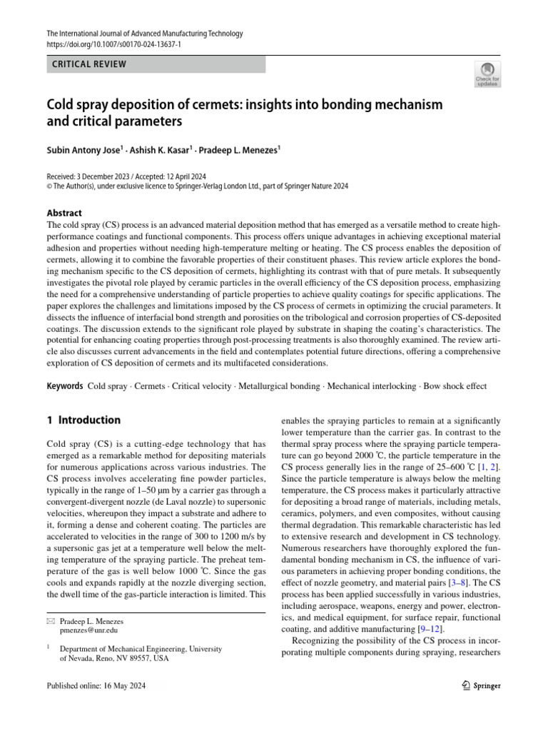 Cold Spray Deposition of Cermets Insights Into Bonding Mechanism and ...