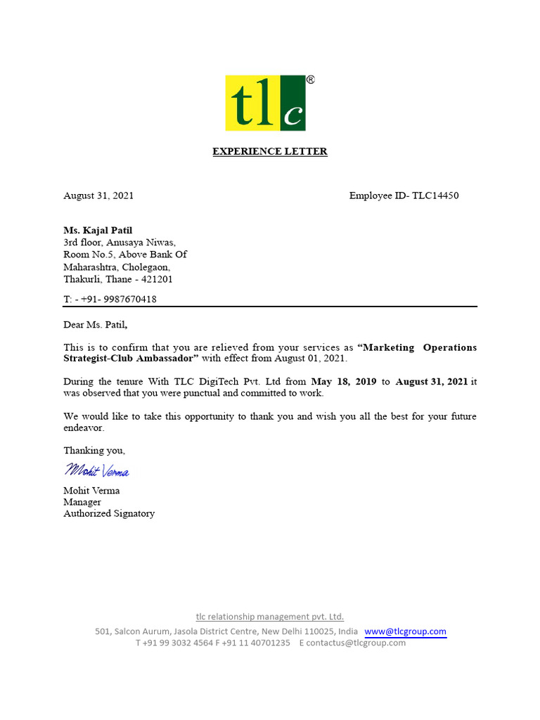 TLC Experience Letter | PDF