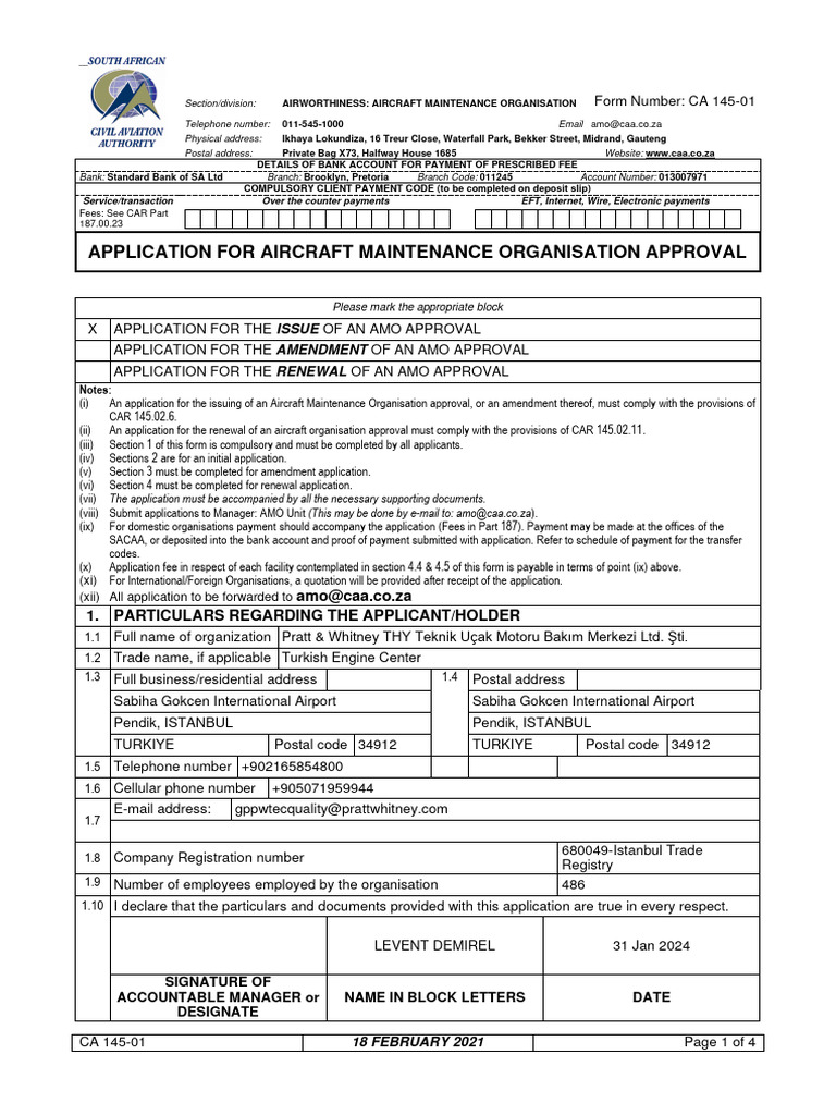 CA 145-01 Application For AMO Approval 180221 | PDF