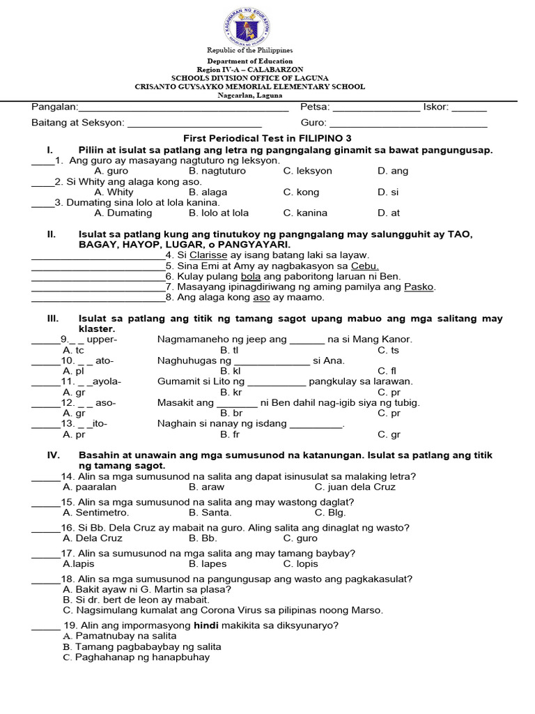 First Periodical Test Filipino 3 | PDF