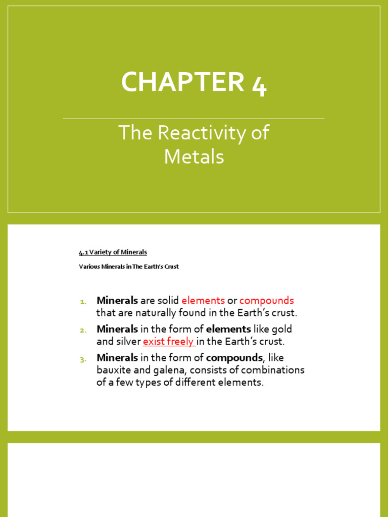 F3 Science Chapter 4 Reactivity of Metal | PDF | Oxide | Minerals
