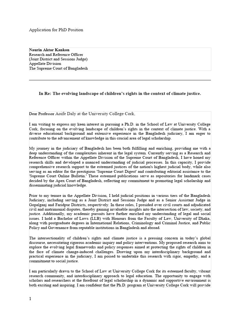 Application For PHD Position - University College Cork - Naurin Aktar Kankon | PDF | Policy ...