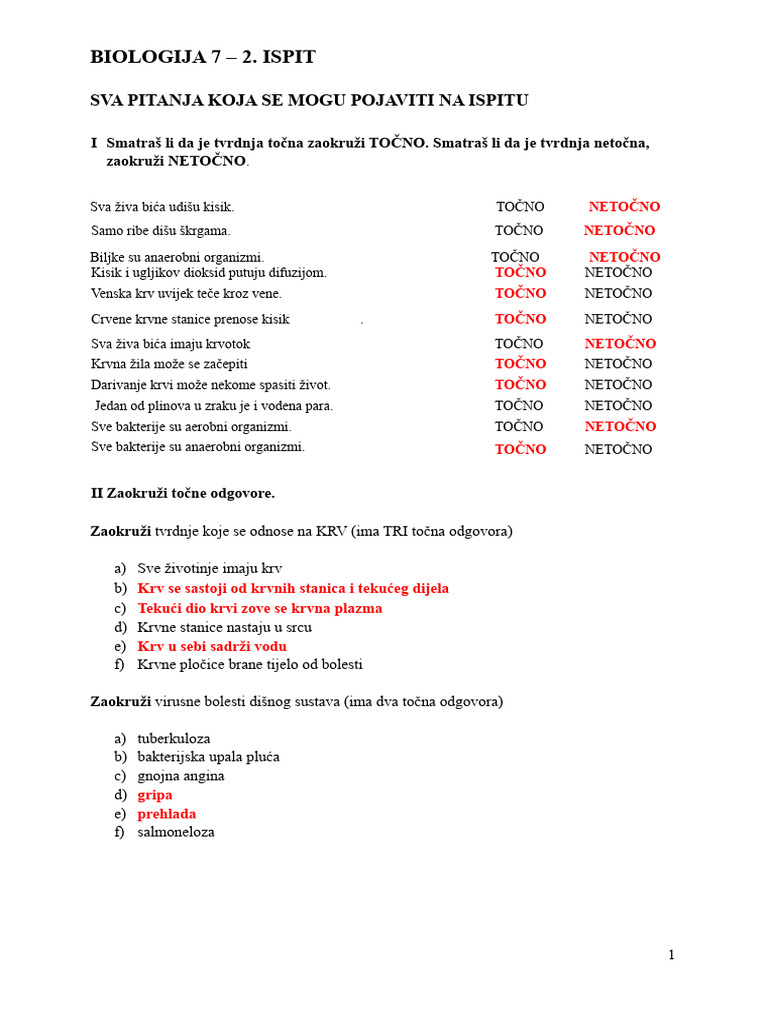Sedmi Razredi Ispit 2 SVA PITANJA | PDF