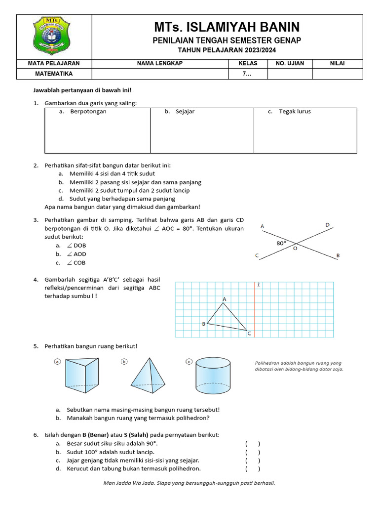 Soal PTS Genap 2023 2024 MTK Kelas 7 | PDF