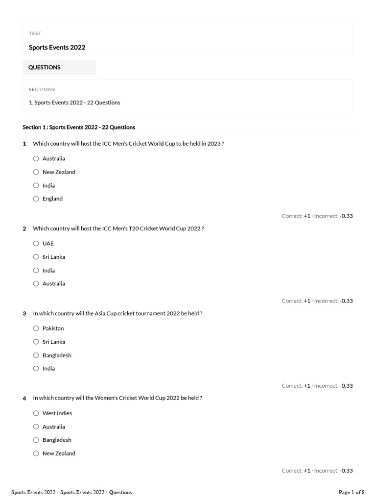 Sports Events 2022 | PDF | Forms Of Cricket | International Sports ...