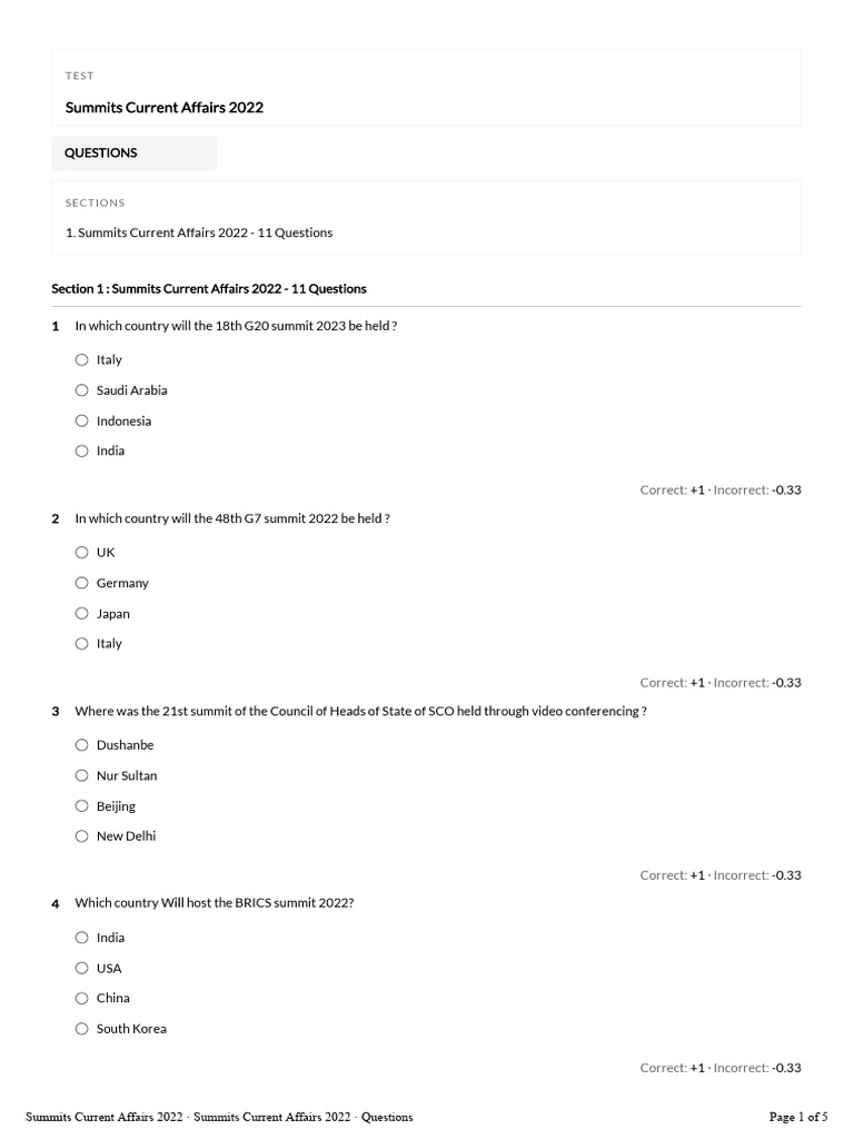 Summits Current Affairs Quiz 2022 | PDF | International Relations ...