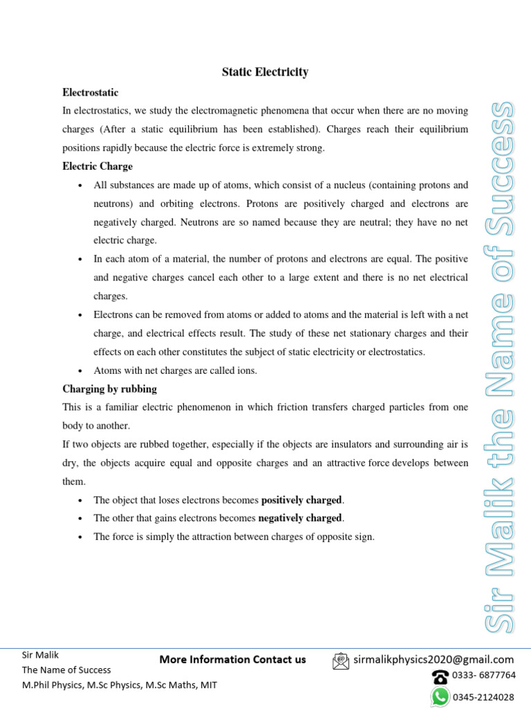 Static Electricity | PDF | Electric Charge | Electron