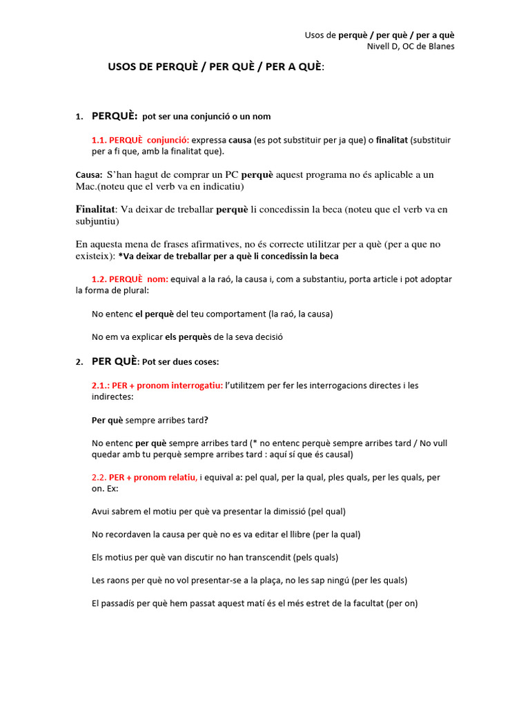 Usos de perquè, per què, per a què | PDF