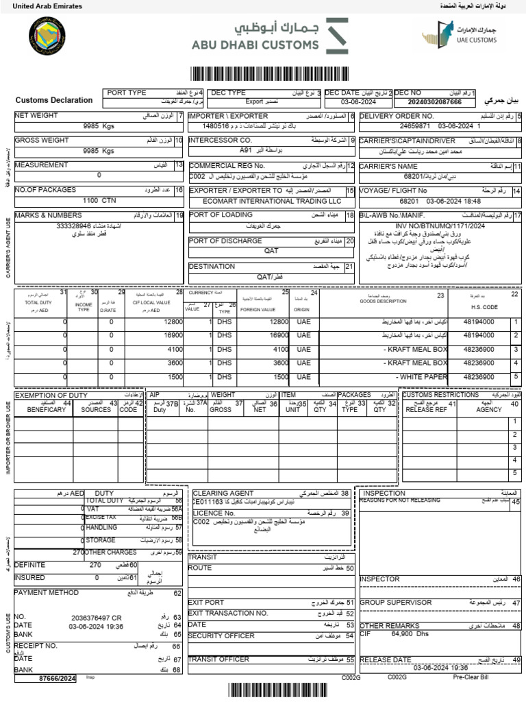 Custom Declration Form Pdf