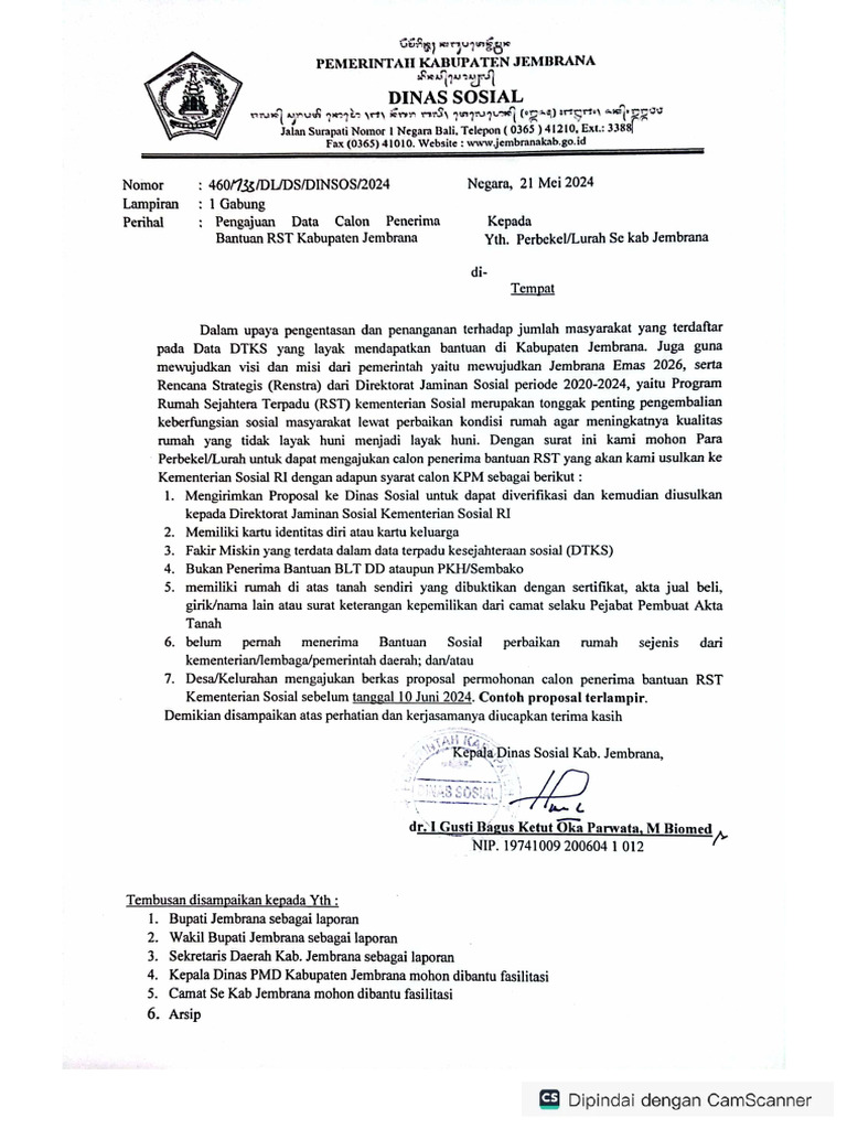 Surat Permohonan Proposal calon penerima RST 2024 | PDF