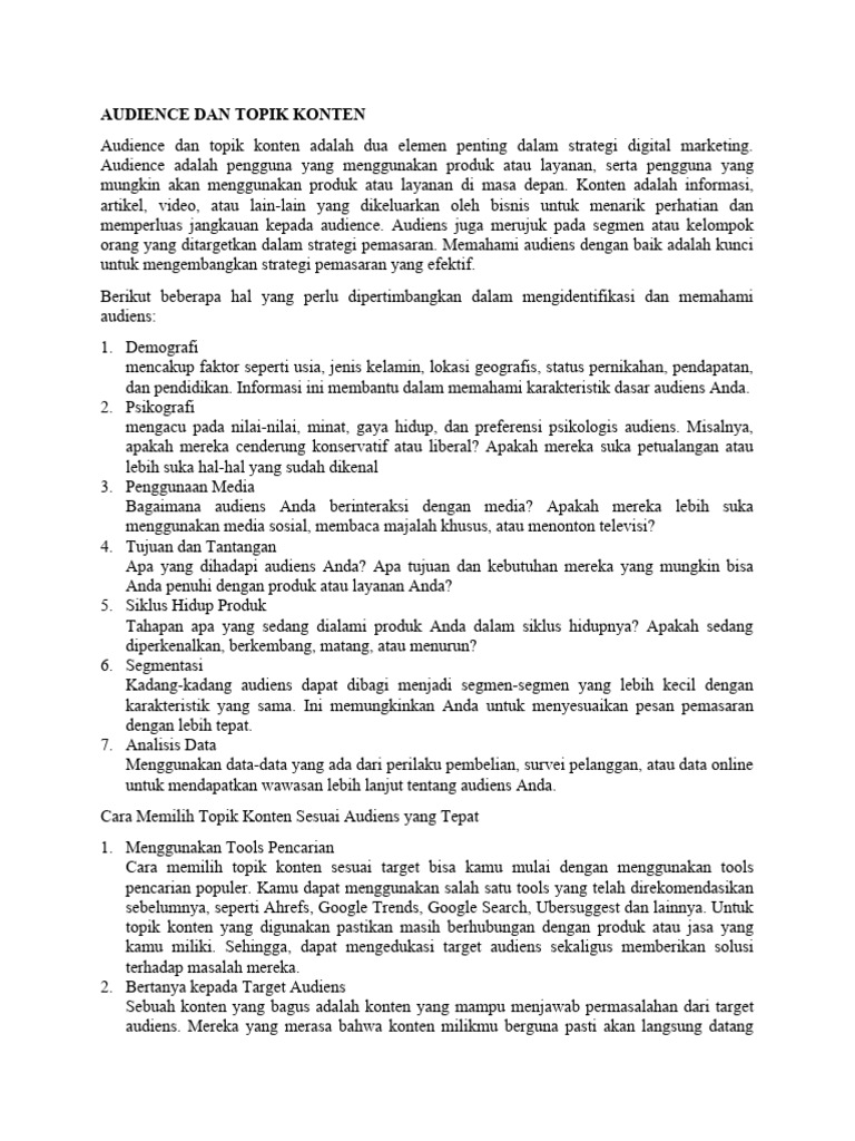 Audience Dan Topik Konten | PDF