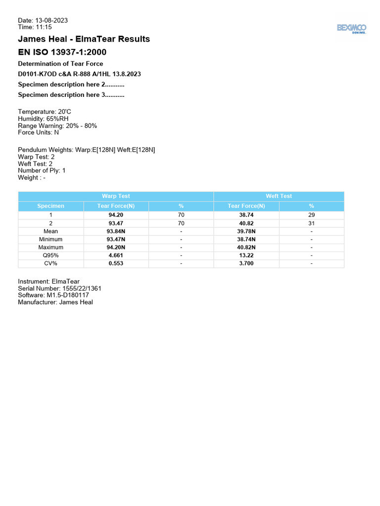 ElmaTear Test Results - Tear Force Data | PDF