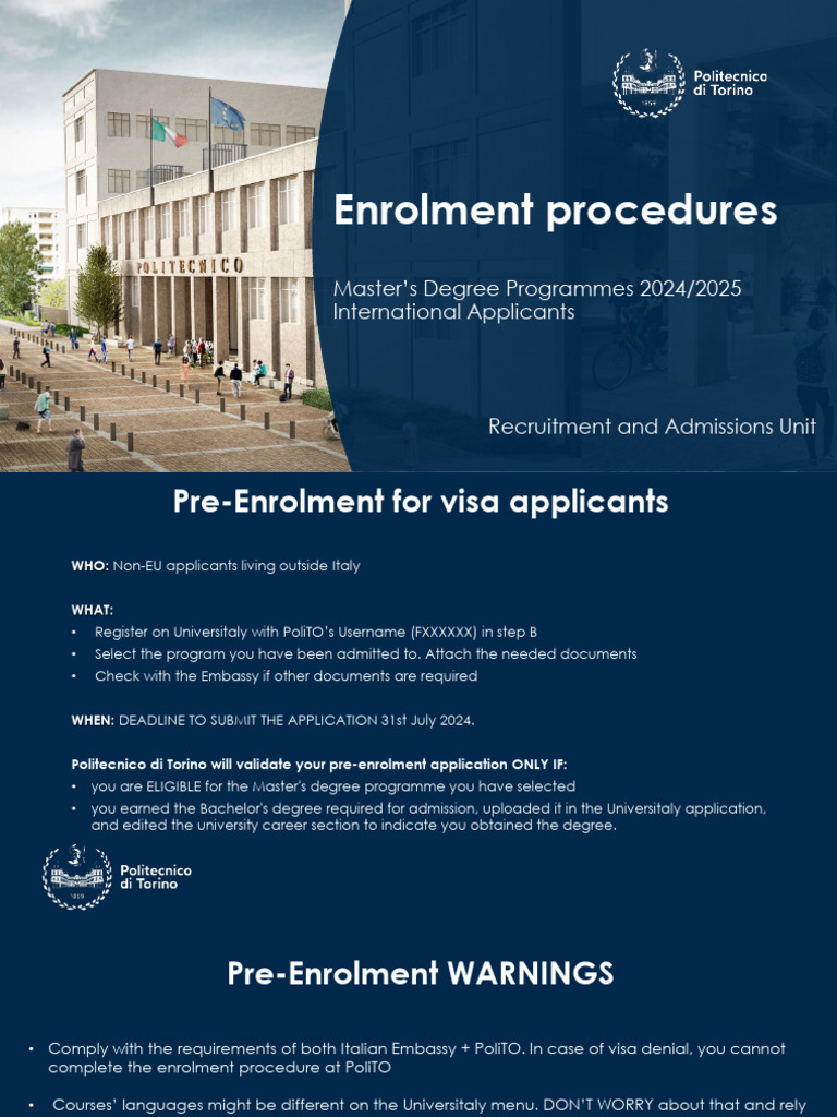PoliTO MasterOfScience - Enrolment + Pre Enrolment | PDF | Travel Visa | Identity Document