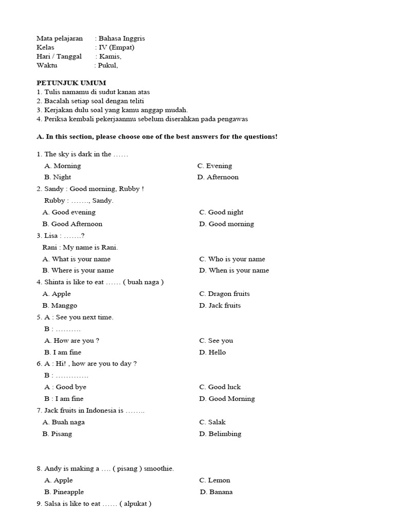 Soal Bahasa Inggris Kls 4 | PDF | Language Arts & Discipline