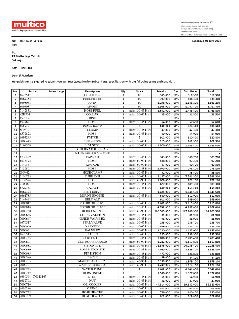 Bobcat Parts Quotation | PDF | Piston | Mechanical Engineering