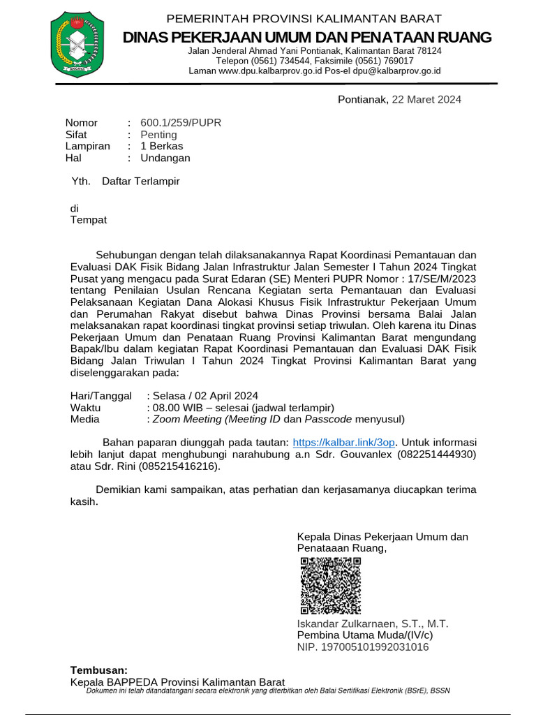 Undangan Rakor TW I - Kalbar | PDF