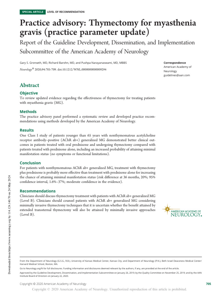 Thymectomy For Myasthenia Gravis (Practice Parameter Update) Report of The Guideline Development ...