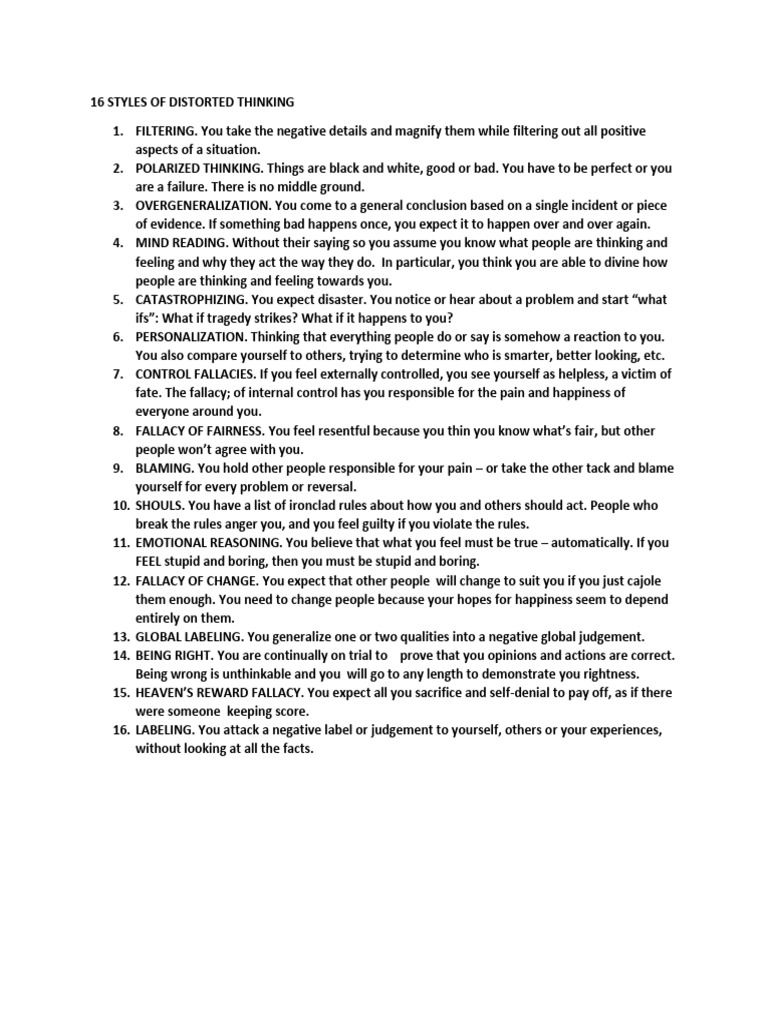 16 STYLES OF DISTORTED THINKING | Download Free PDF | Psychology | Psychological Concepts