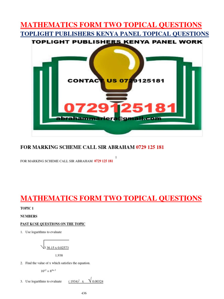 Form 2 Mathematics Topical Questions | PDF | Area | Triangle