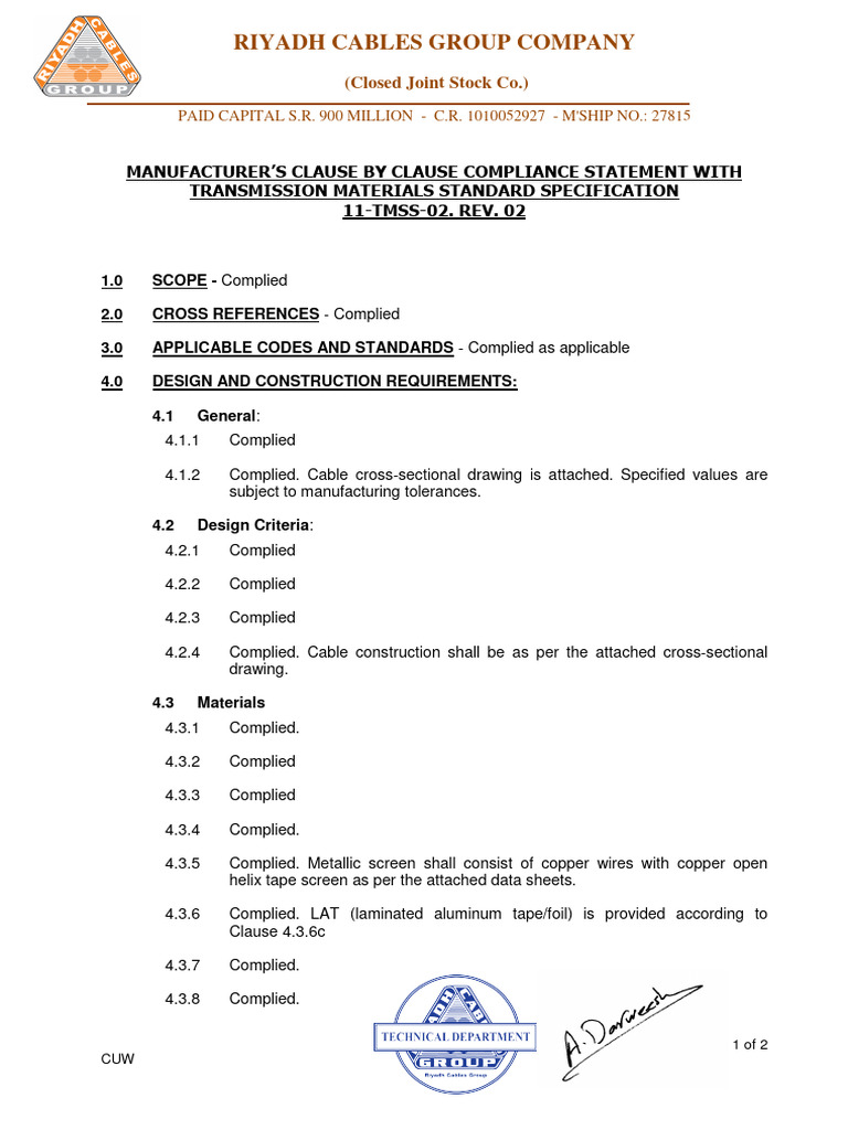 Compliance Statement 11-TMSS-02 Rev.02 110 KV CUW | PDF | Specification ...