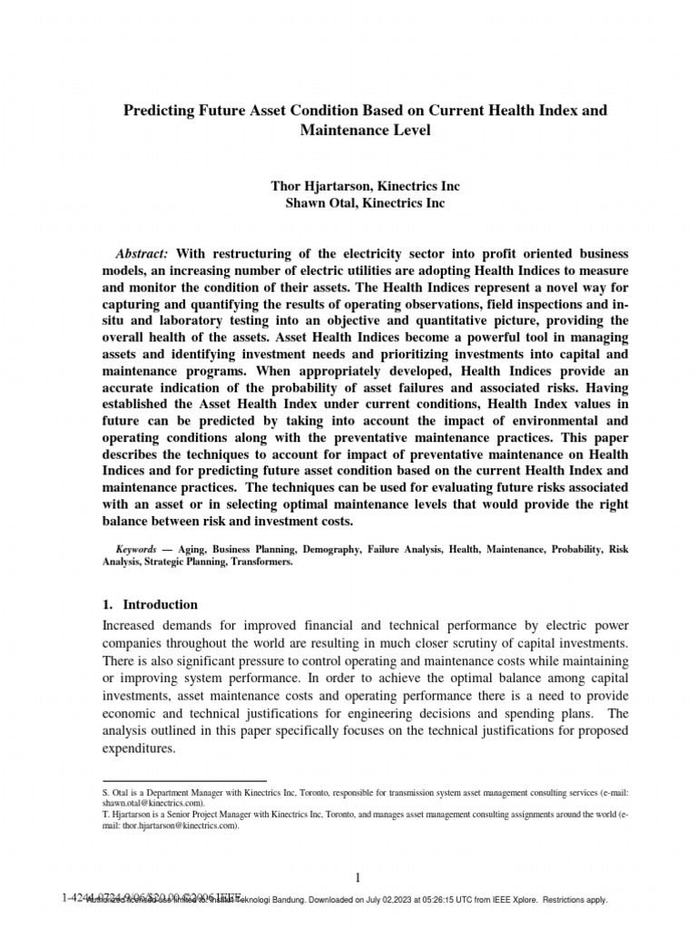 Predicting Future Asset Condition Based On Current Health Index And Maintenance Level Pdf