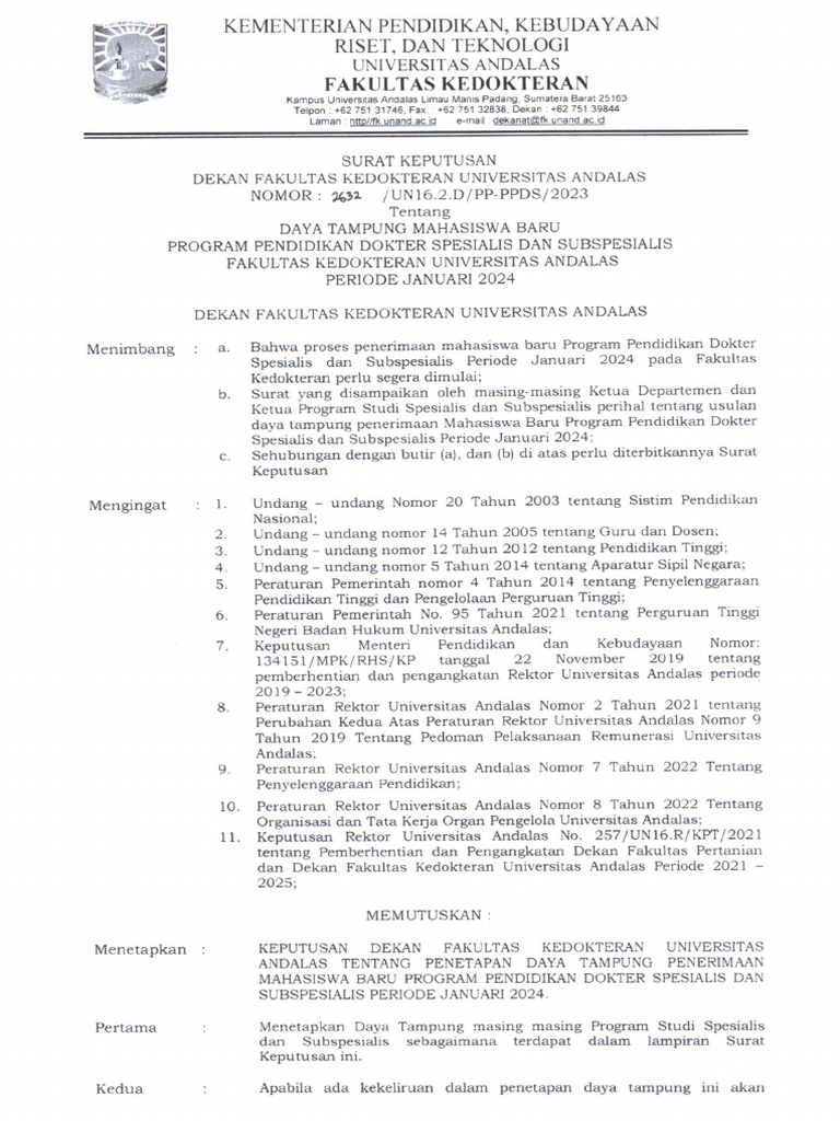 SK Daya Tampung PPDS Januari 2024 | PDF