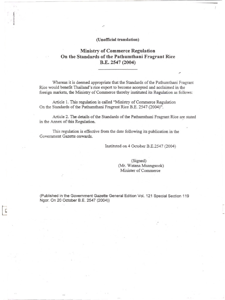 XTERNAL REFERENCE - BE 2547 - 2004 - Pathumthani Fragrant Rice Standards | PDF | Rice | Seed