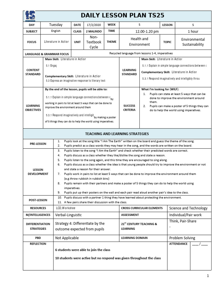 Form 2 Lesson 5 LiA | PDF | Learning | Lesson Plan